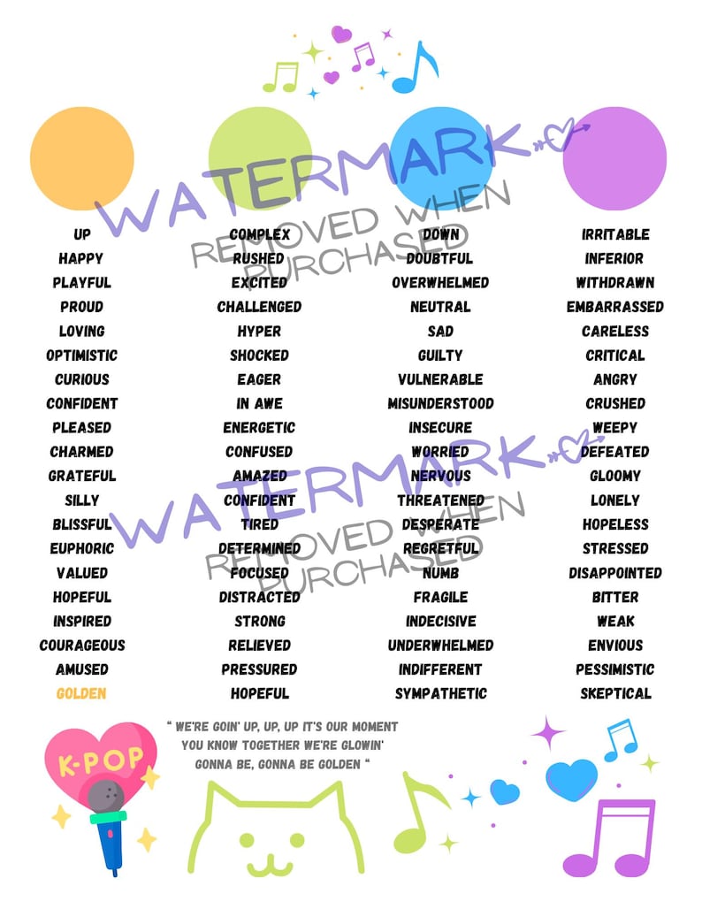 K-POP Color Dot Emotion Chart 8.5x11 - Digital File - Emotion Wheel ...