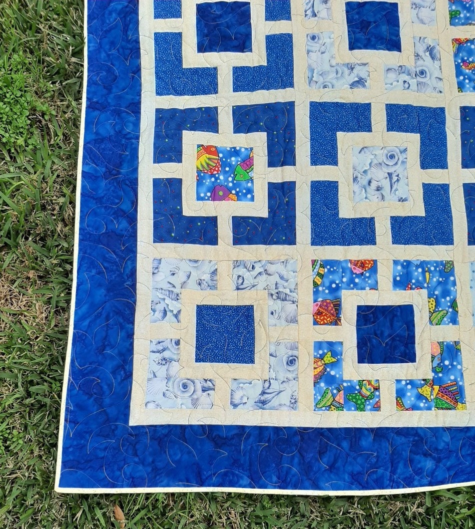 Blue and Yellow Block in a Block Quilt With Beach and Fish - Etsy