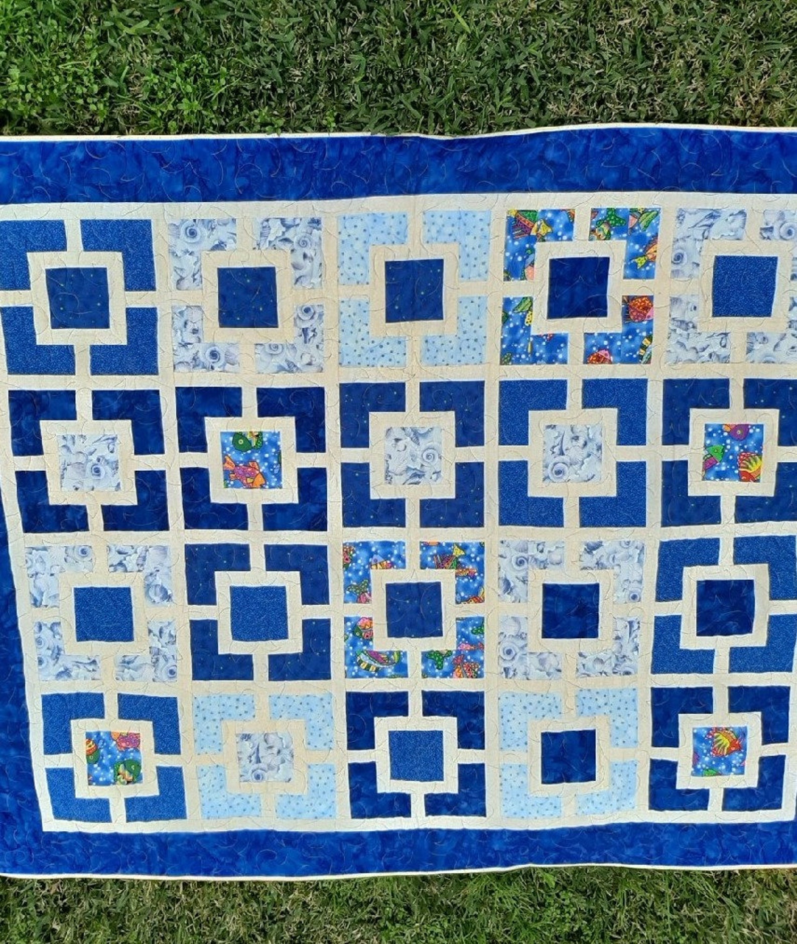 Blue and Yellow Block in a Block Quilt With Beach and Fish - Etsy