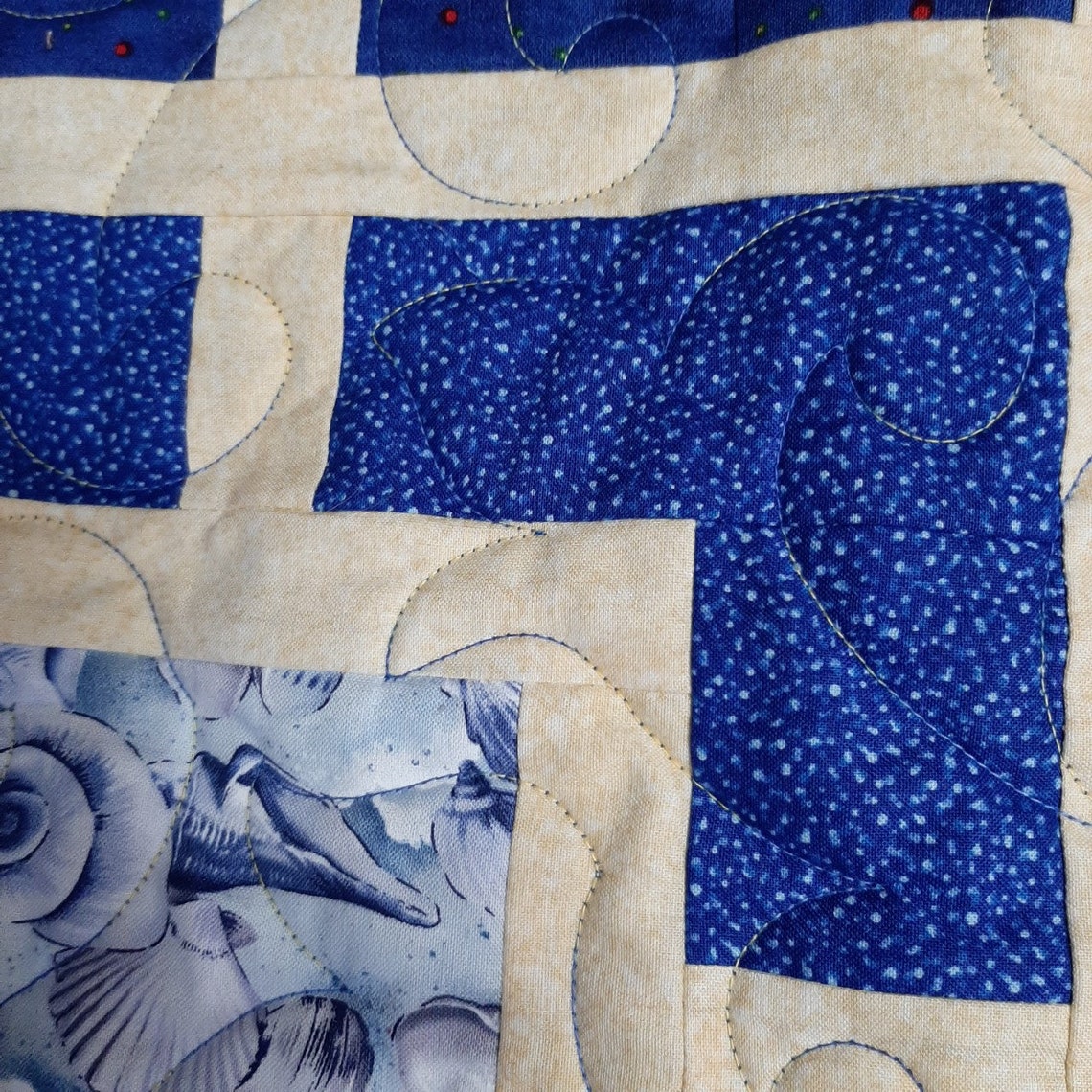 Blue and Yellow block in a block quilt with beach and fish | Etsy