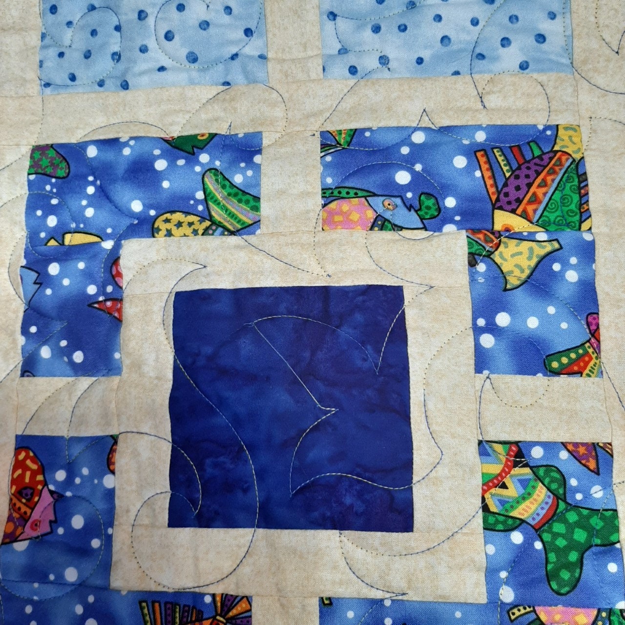 Blue and Yellow Block in a Block Quilt With Beach and Fish - Etsy