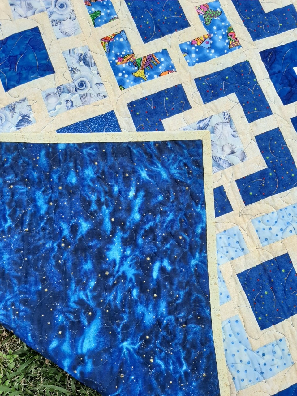 Blue and Yellow Block in a Block Quilt With Beach and Fish - Etsy