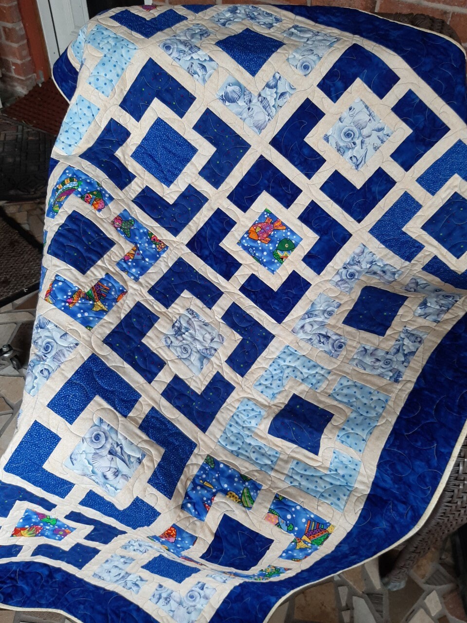 Blue and Yellow Block in a Block Quilt With Beach and Fish - Etsy