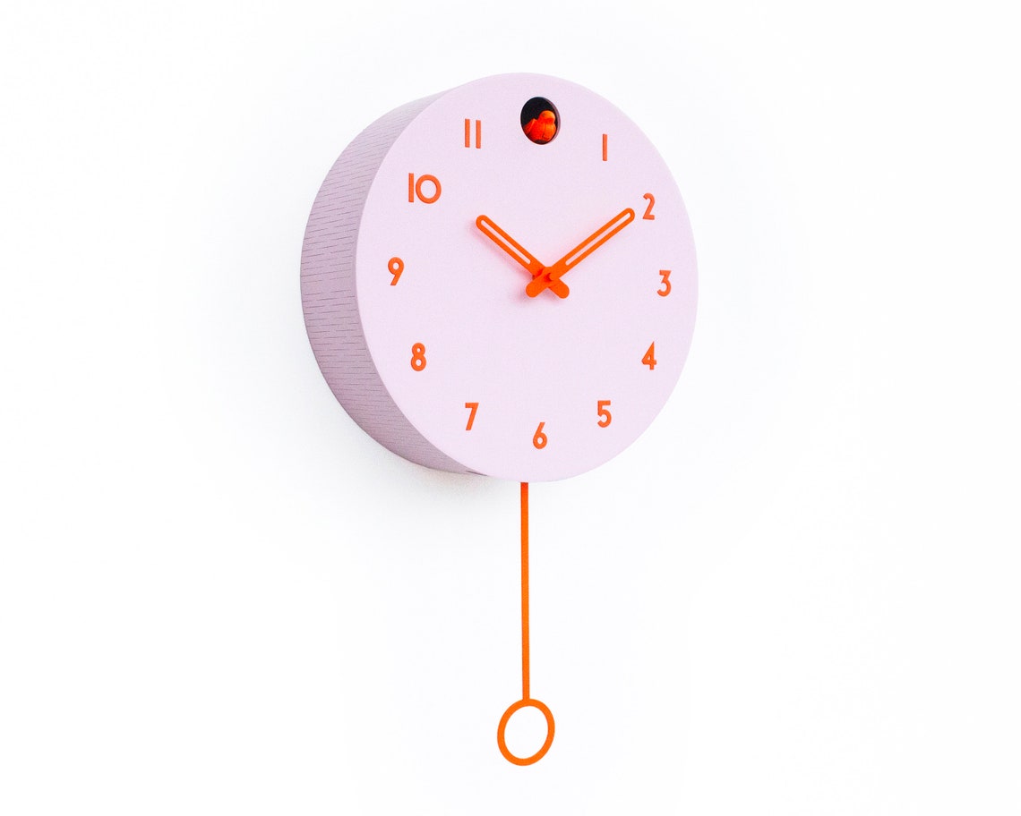 Pink Cuckoo Clock, Orange Details, Modern Wall Decor, Minimalist Wooden ...