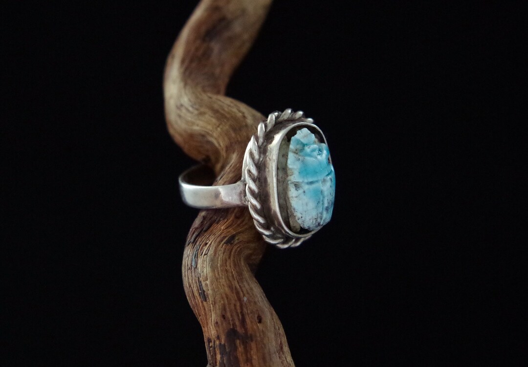 BLUE SCARAB *** Cute Small Scarab Silver Ring, Egypt, Light Blue Beetle ...