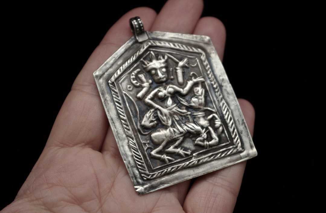 DURGA, UNDEFEATABLE GODDESS Large Vintage South Indian Silver Amulet ...