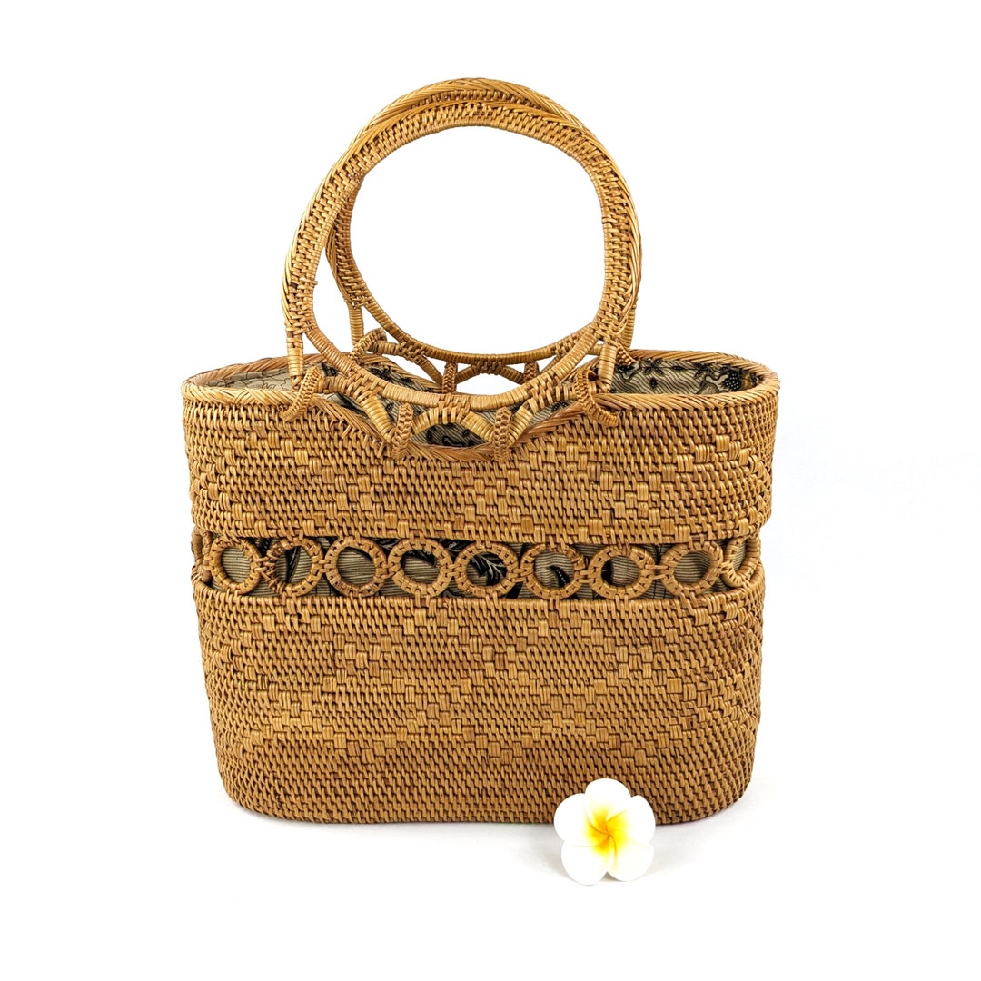 Woven Rattan Handbag With Circular Handles and Drawstring Closure ...