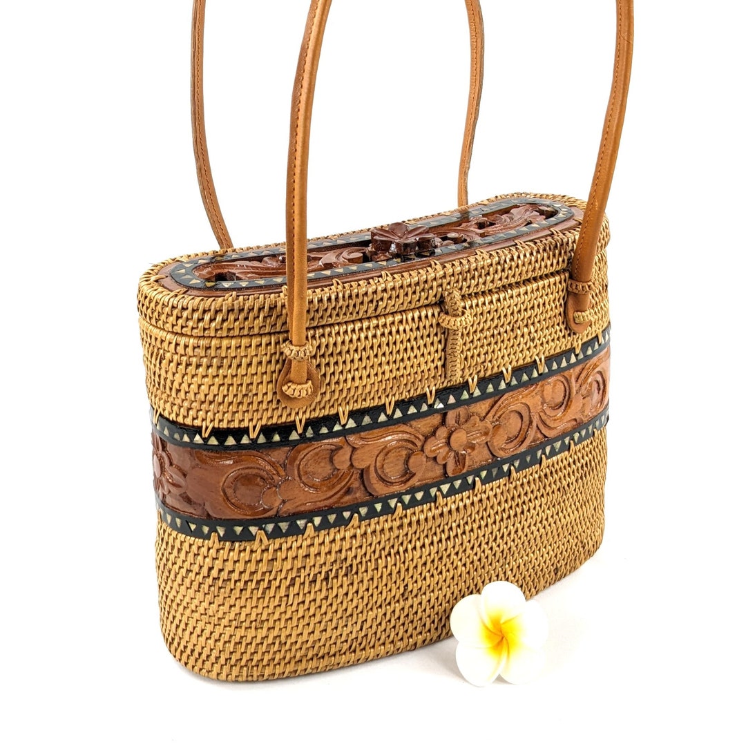 Vintage Artisan Rattan Purse With Hand Carved Teak Wood Accent and Lid ...