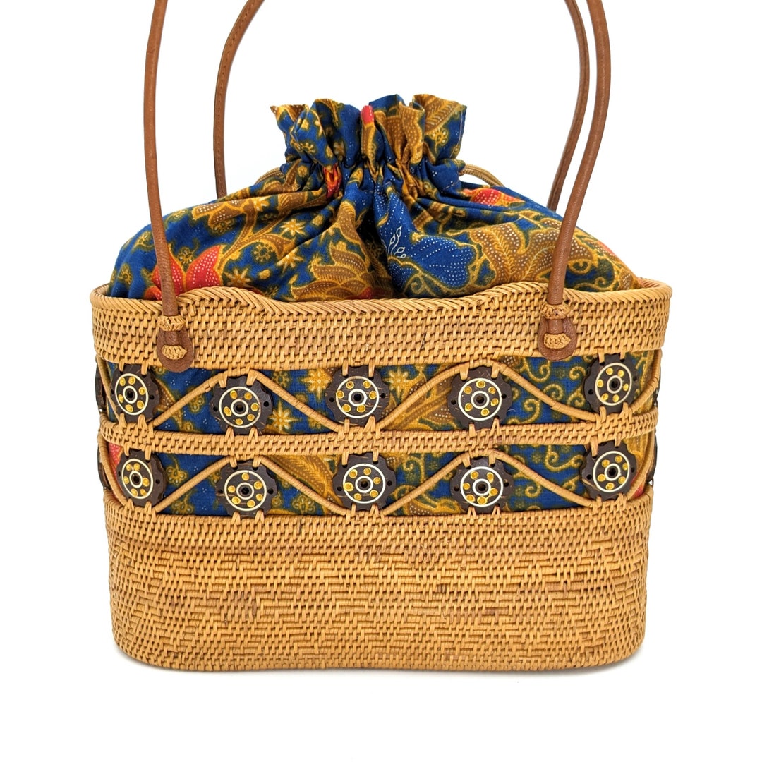 Large Rattan Shoulder Bag With Drawstring Closure, Unique Wicker Basket ...