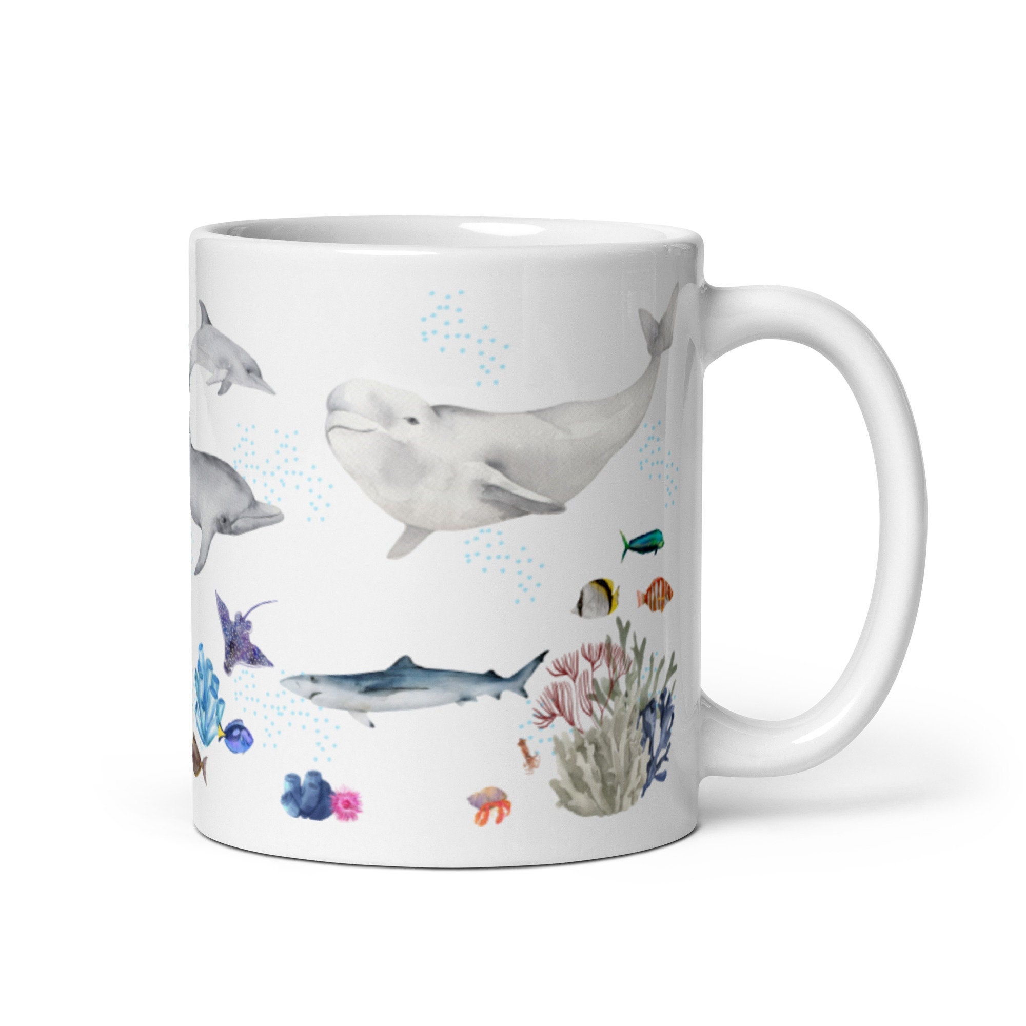 Ocean Sea Life White Glossy Mug Ocean Lover Whales Jelly - Etsy