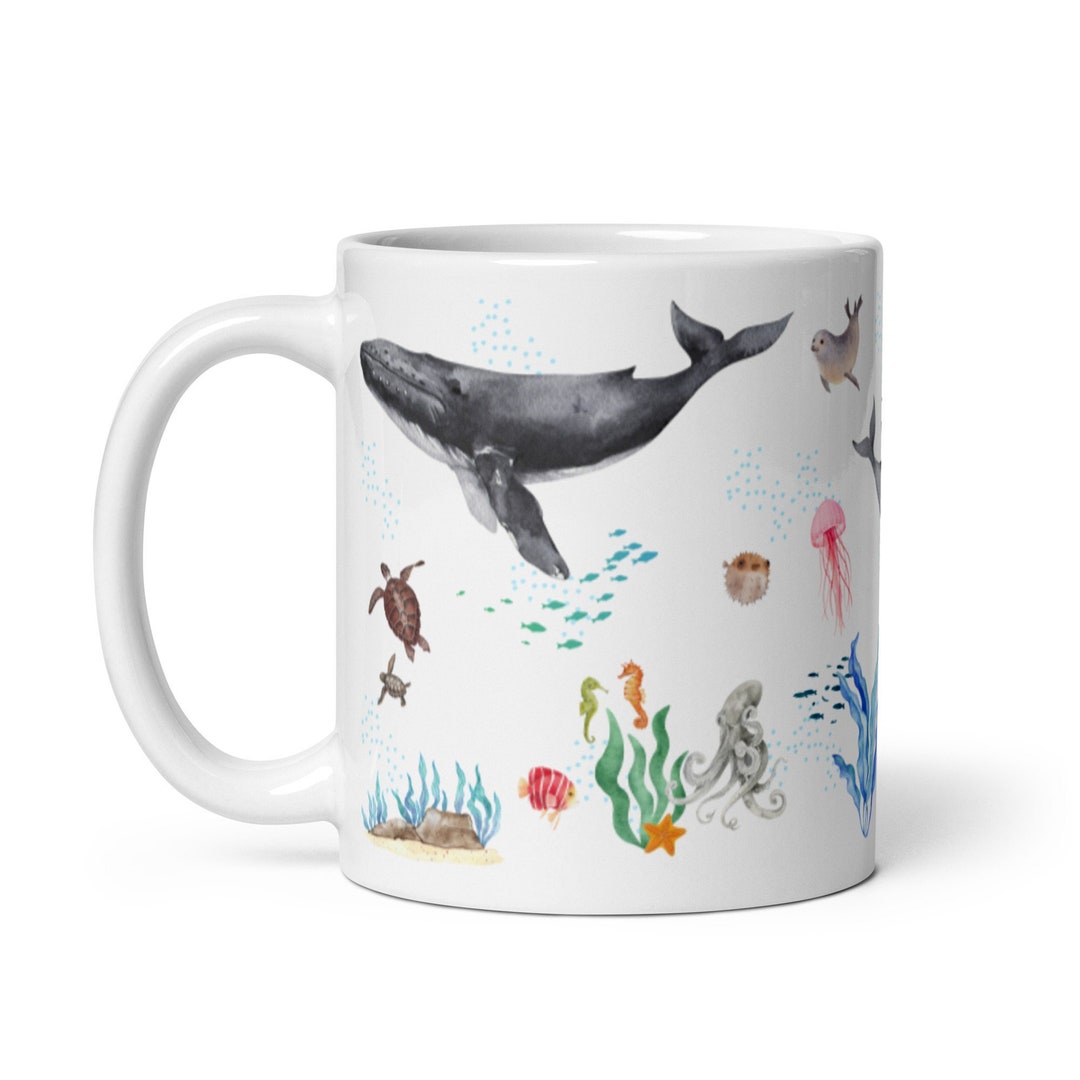 Ocean Sea Life White Glossy Mug Ocean Lover Whales Jelly - Etsy