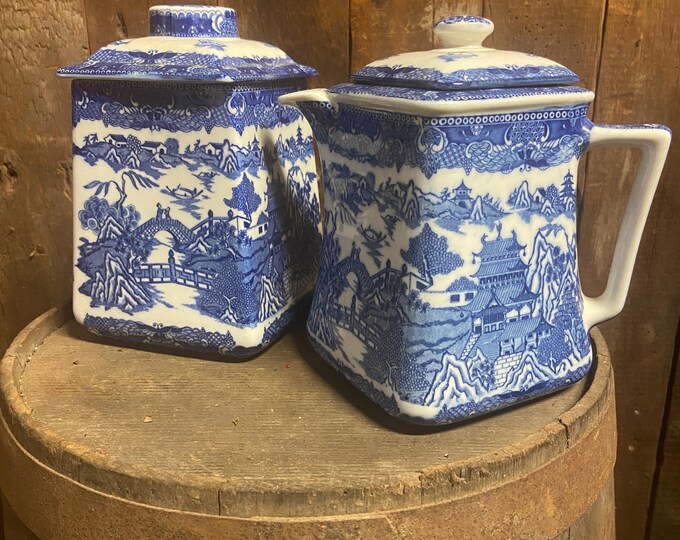 Ringtons English Teapot and Tea Caddy, Blue Willow, Blue and White ...