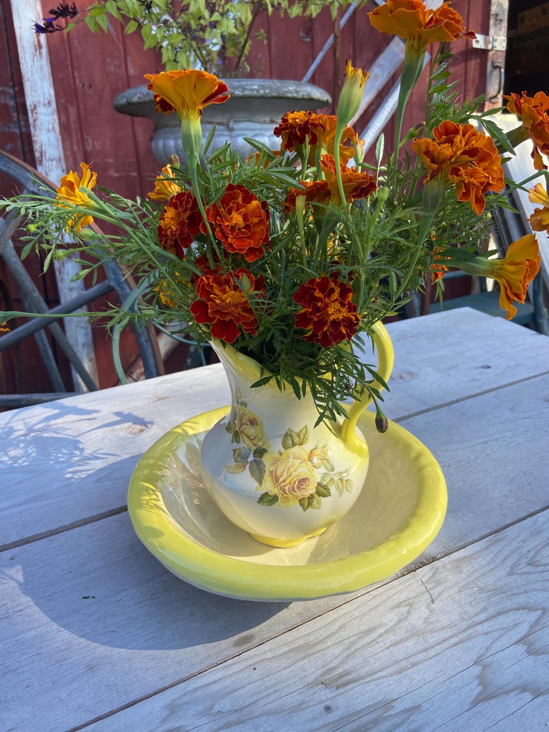 Vintage Small Pitcher and Bowl, 10 Bowl, 8 Tall Pitcher, Yellow Roses ...