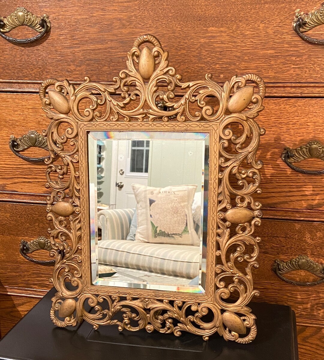 Victorian Table Top Mirror, Art Nouveau, Gilt, Cast Iron, Bevelled ...