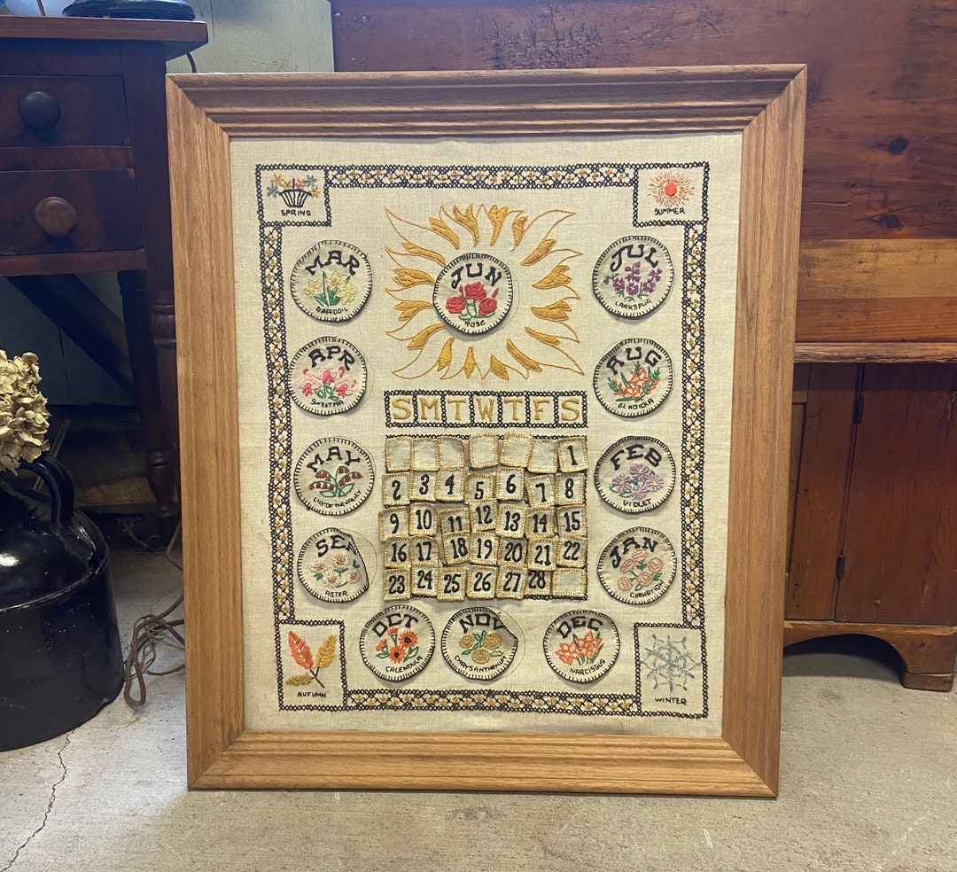 70’s Embroidered Calendar, Floral, Seasonal, Removable Months/dates ...