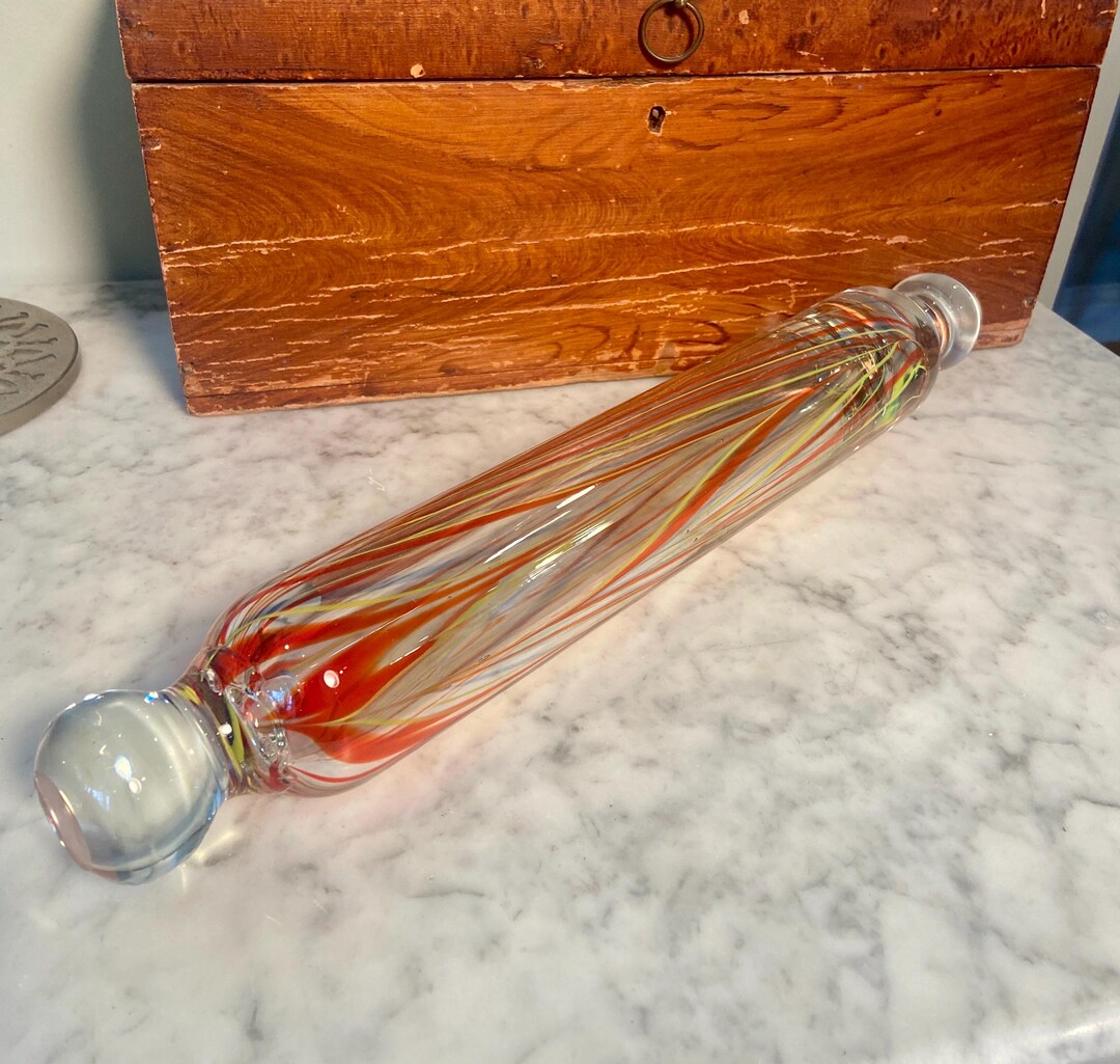 Hand Blown Art Glass Rolling Pin, Striped Colors, Swirl, Primary Colors ...