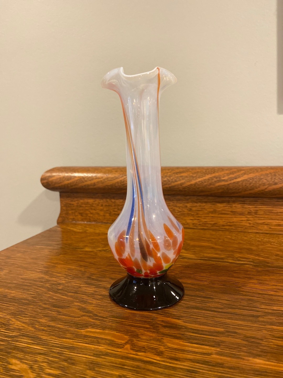 Vintage Confetti Art Glass Bud Vase: Hand Blown Fluted Vase, Black Base ...