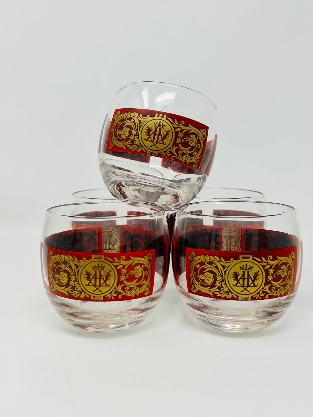 Set of 5 Vintage Roly Poly Cocktail Glasses - Whiskey Glass - Red and ...