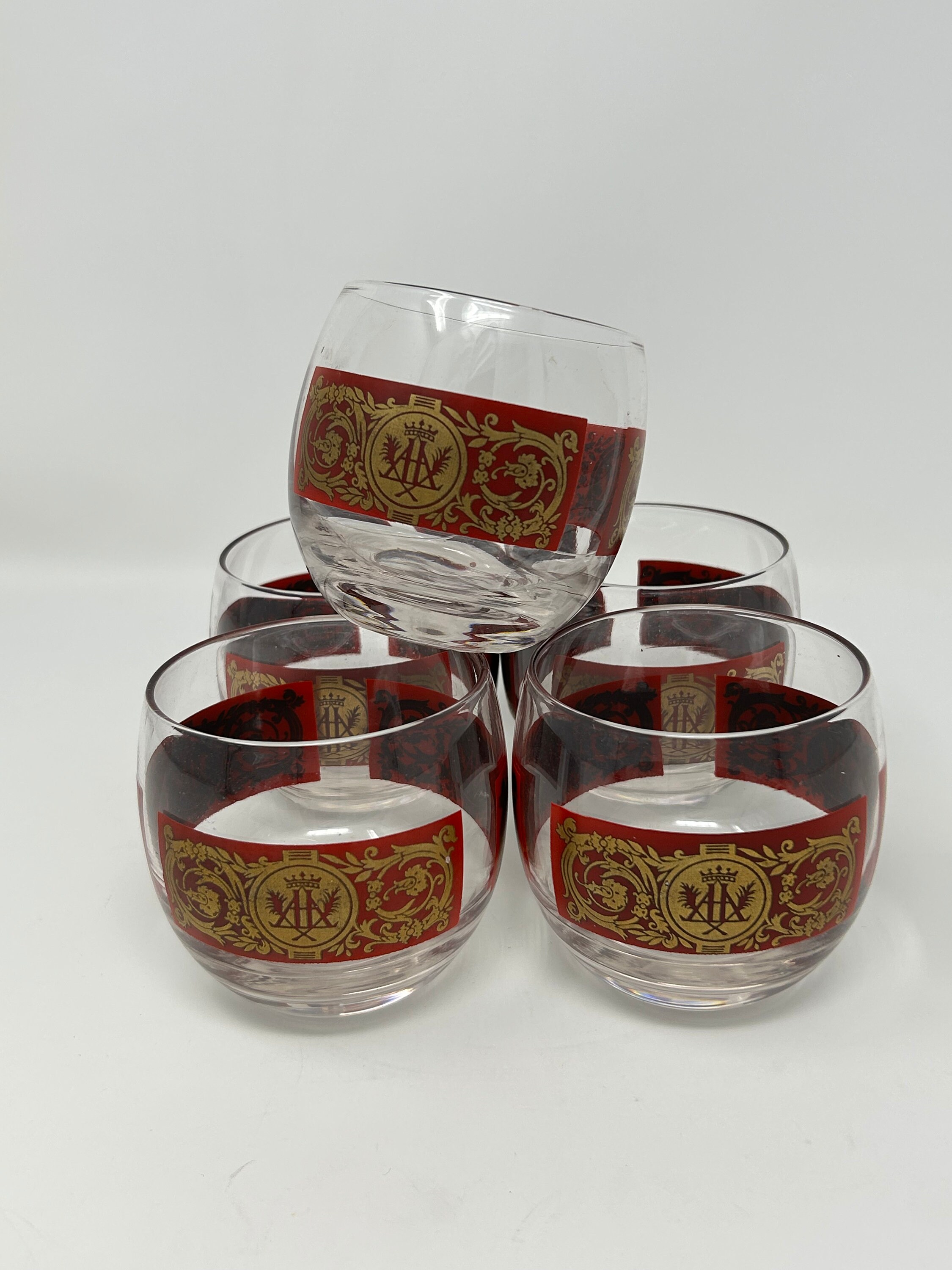 Set of 5 Vintage Roly Poly Cocktail Glasses - Whiskey Glass - Red and ...