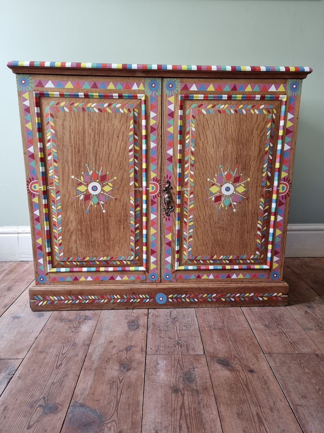Colourful Handpainted Low Solid Oak Cupboard - Etsy