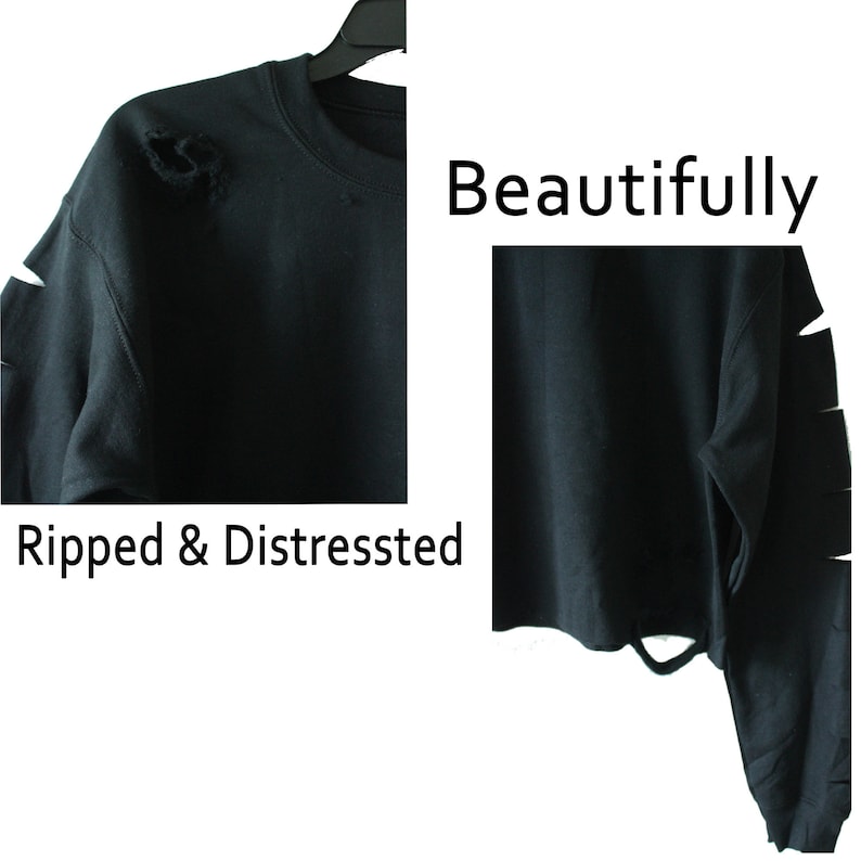Ladies Distressed Ripped & Cropped Sweatshirt, Black Sweatshirt, Ripped ...