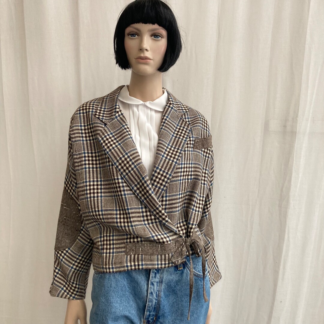 1980s Bomber Style brown and Blue Check Batwing Wool Jacket Iconic ...