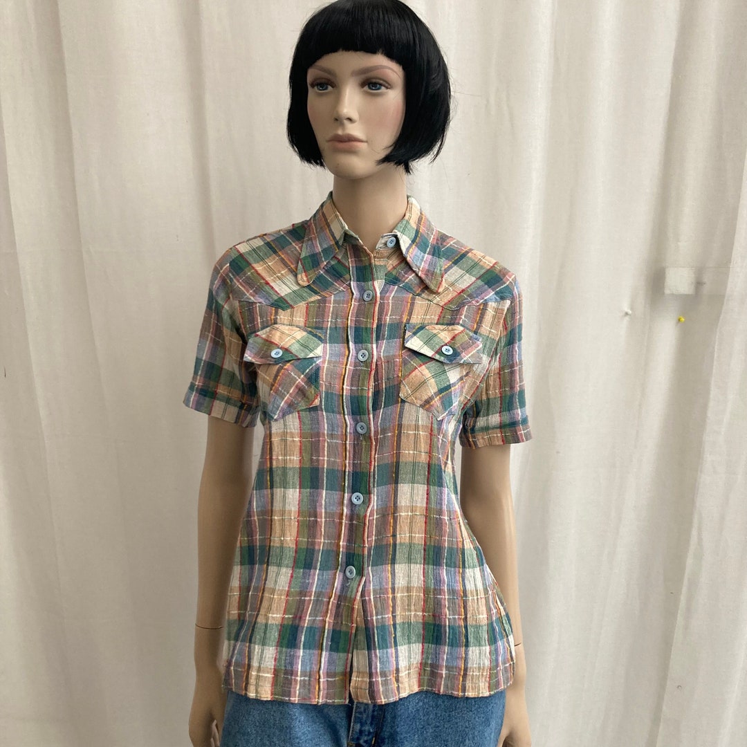 70s Cheesecloth Textured Check Vintage Blouse Winged Collar UK8/10 - Etsy