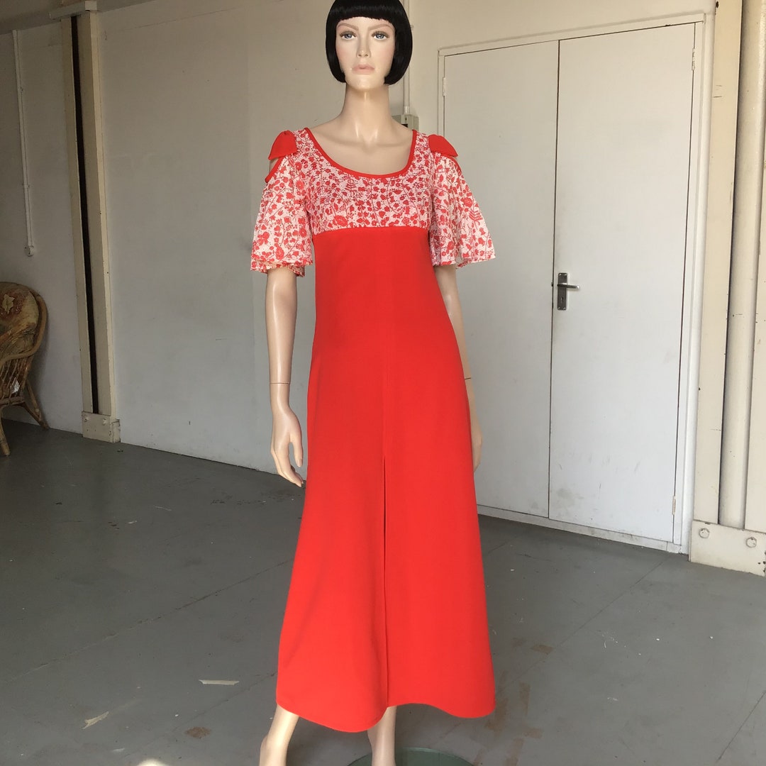 1970s RACY Red Maxi Dress Beautiful and BOLD Spilt Skirt Dress Peak-a ...