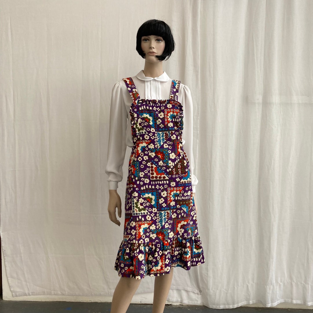 70s - APRON Dress - Back Buttoned - COTTON - Purple NEEDLECORD - UK12 ...