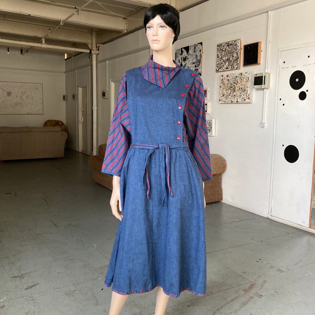 80s - Cotton Chambray - Popper Bodice - Batwing Dress - Utility ...