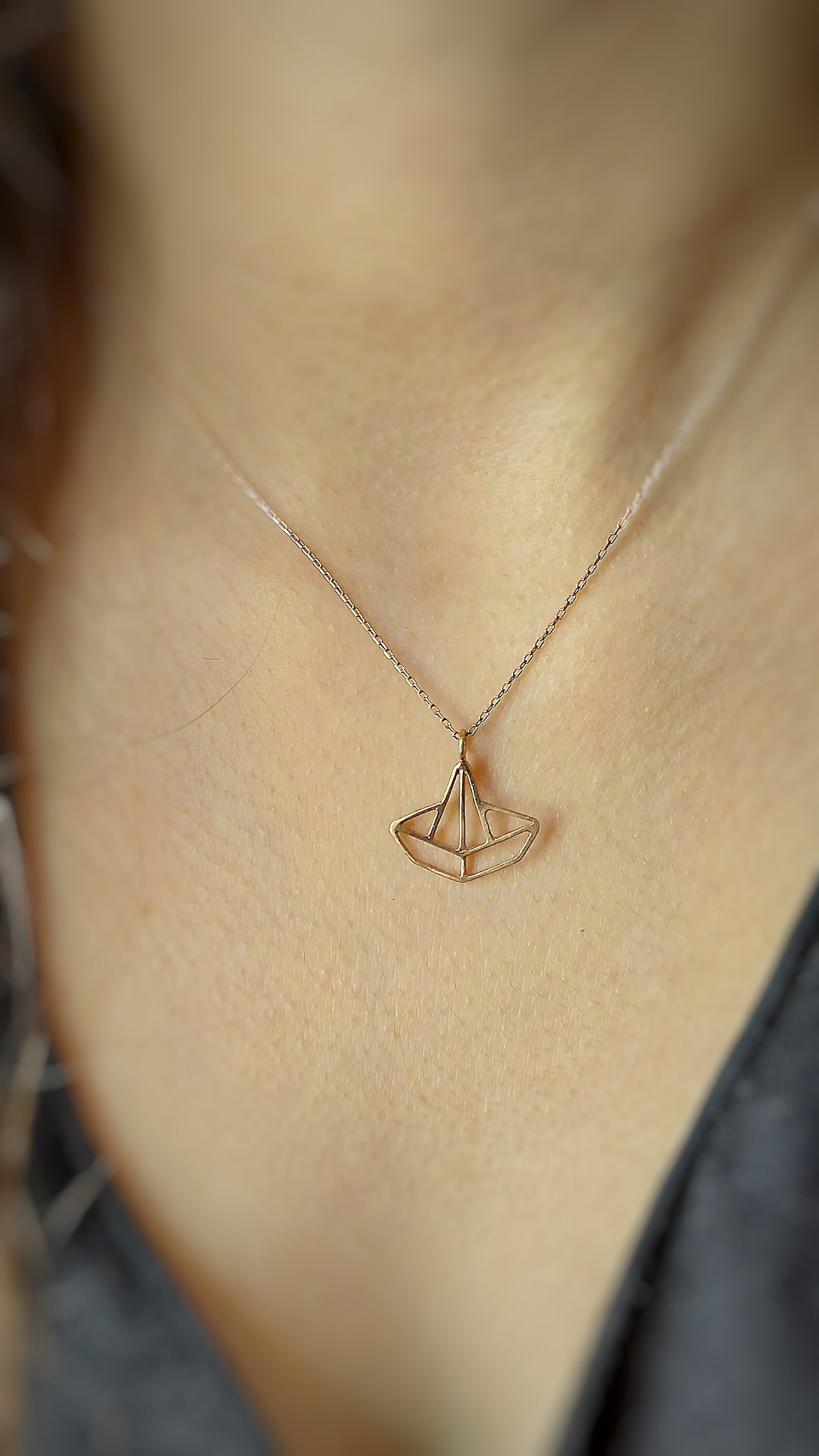 Sterling Silver Paper Boat Necklace, Gold Plated Silver Origami Boat ...