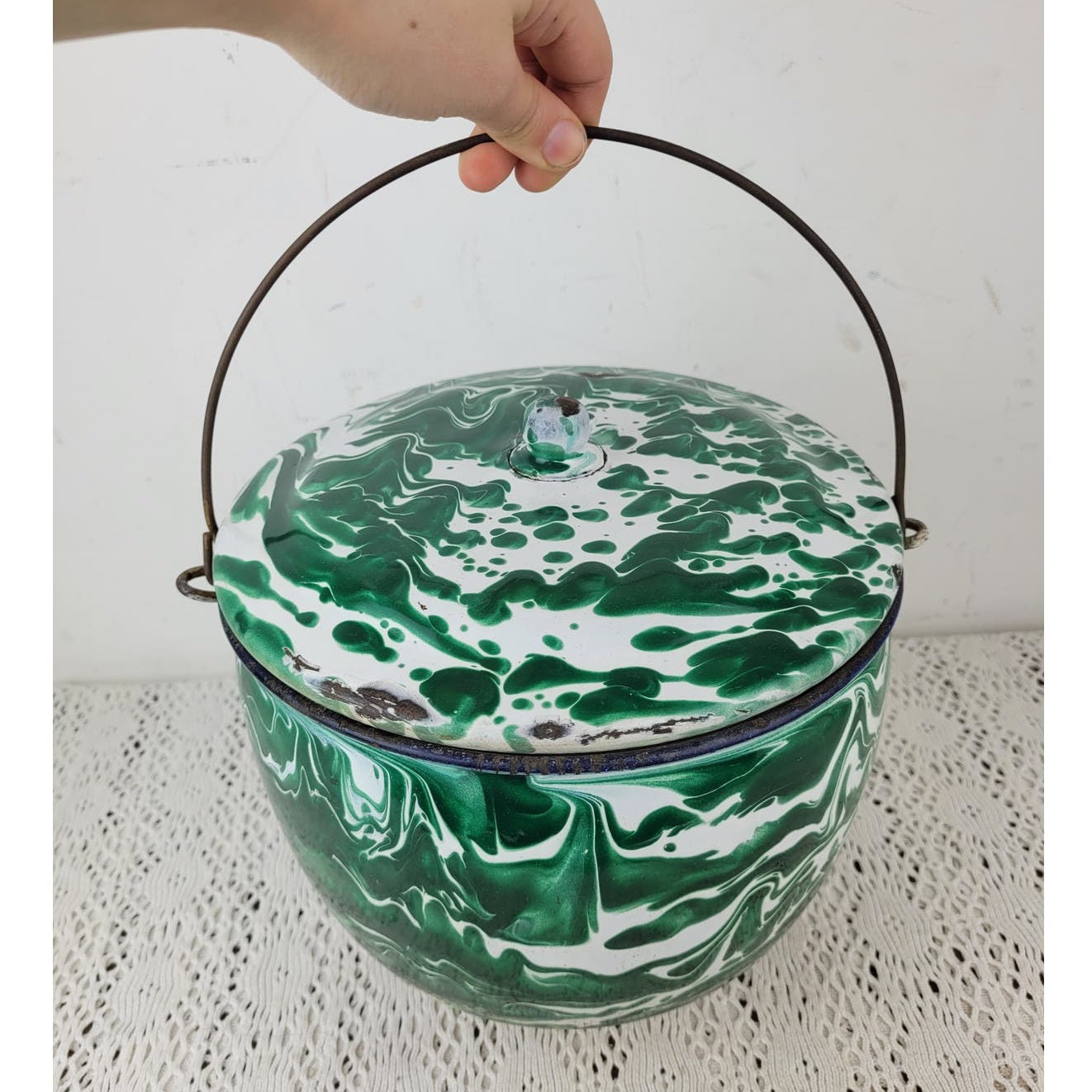 Antique Green White Swirl Chrysolite Graniteware Kettle Pot With Lid - Etsy