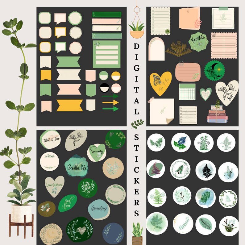 Green Plant Themed Digital Stickers for Planner and Journals - Etsy