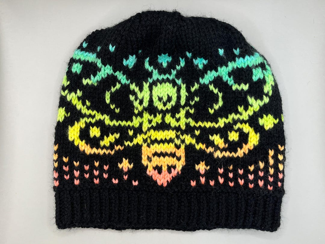 Black and Retro Sherbet Rainbow Death's Head Hawkmoth Knit Hat Handmade ...
