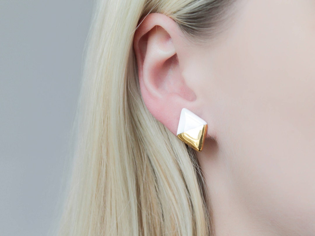 White Stud Earrings With Gold Dip, Geometric Earrings, Minimalist ...