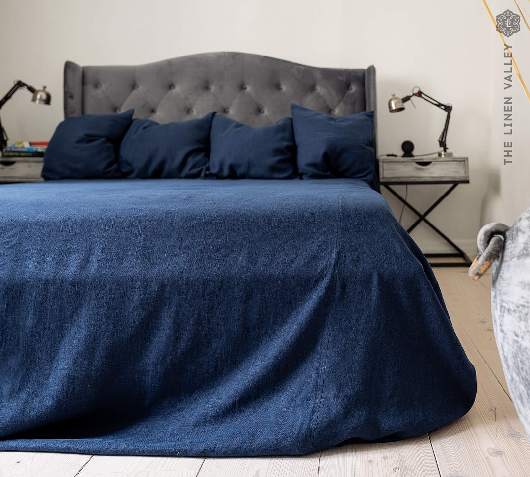 Navy Blue Linen Bedspread- Linen Bed Cover-dark Blue Queen King Size ...