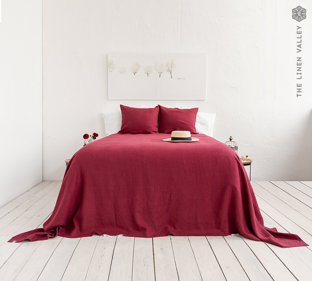 BURGUNDY RED Linen Bedspread Rosewood Linen Throw Softened - Etsy