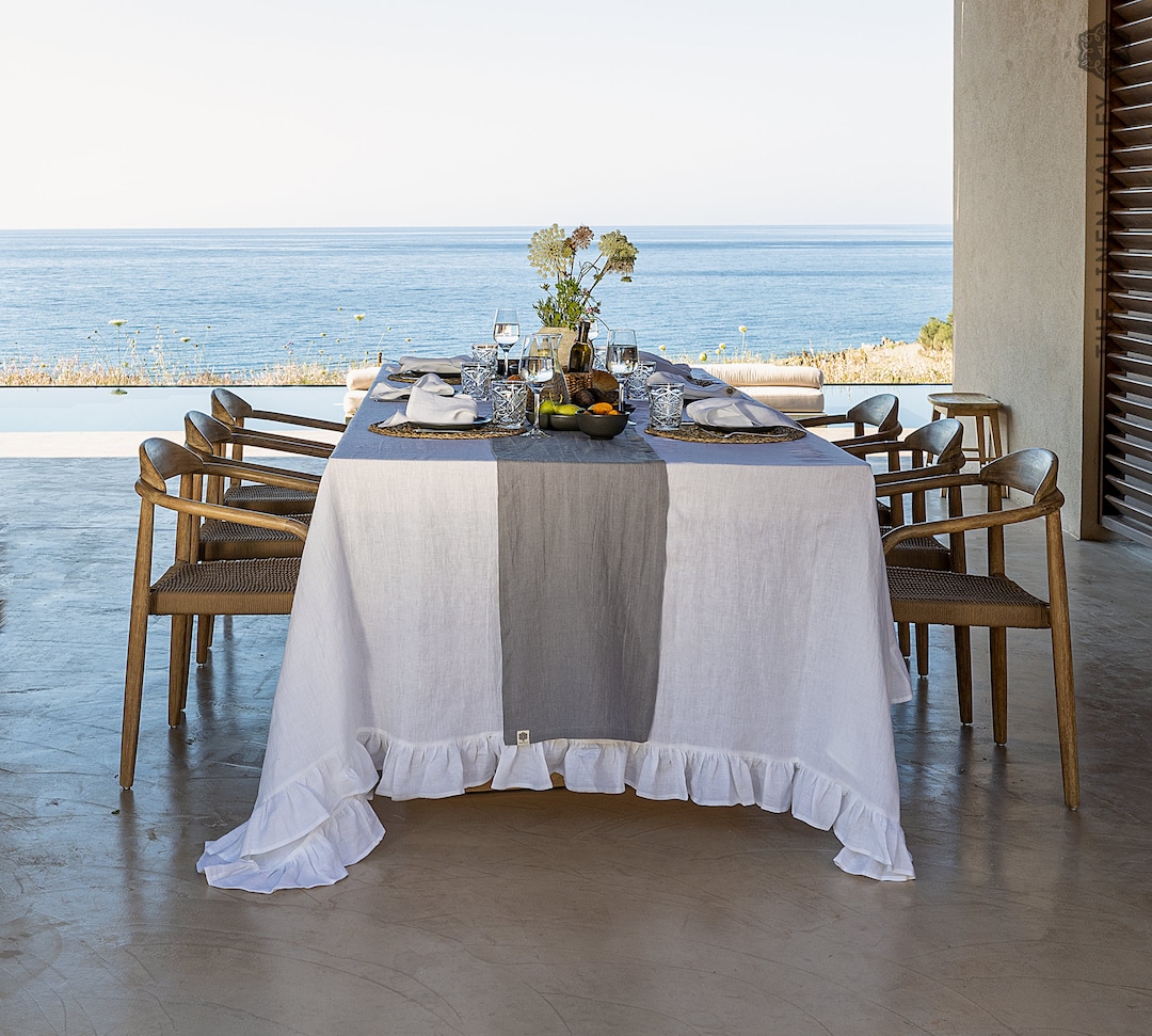Optical White Linen Tablecloth With Ruffles-bright White Linen ...
