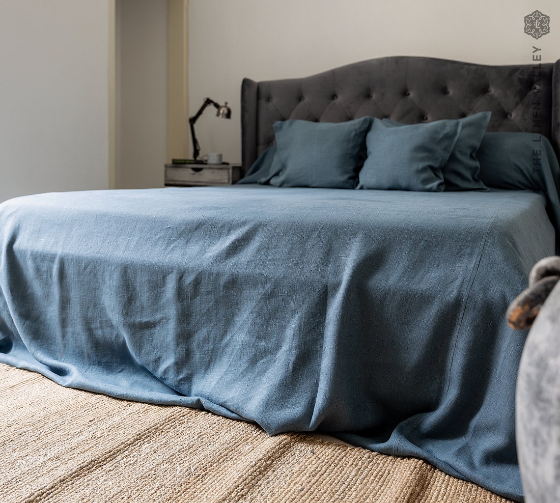 Ocean Blue Linen Bedspread - Sea Blue Bedspread - Softened Linen Bed ...