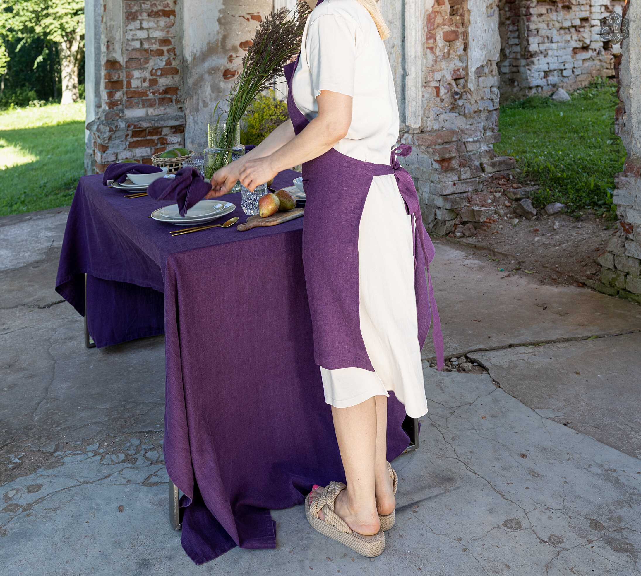 White Linen Apron - Washed Linen Apron for Cooking, Gardening - Full ...