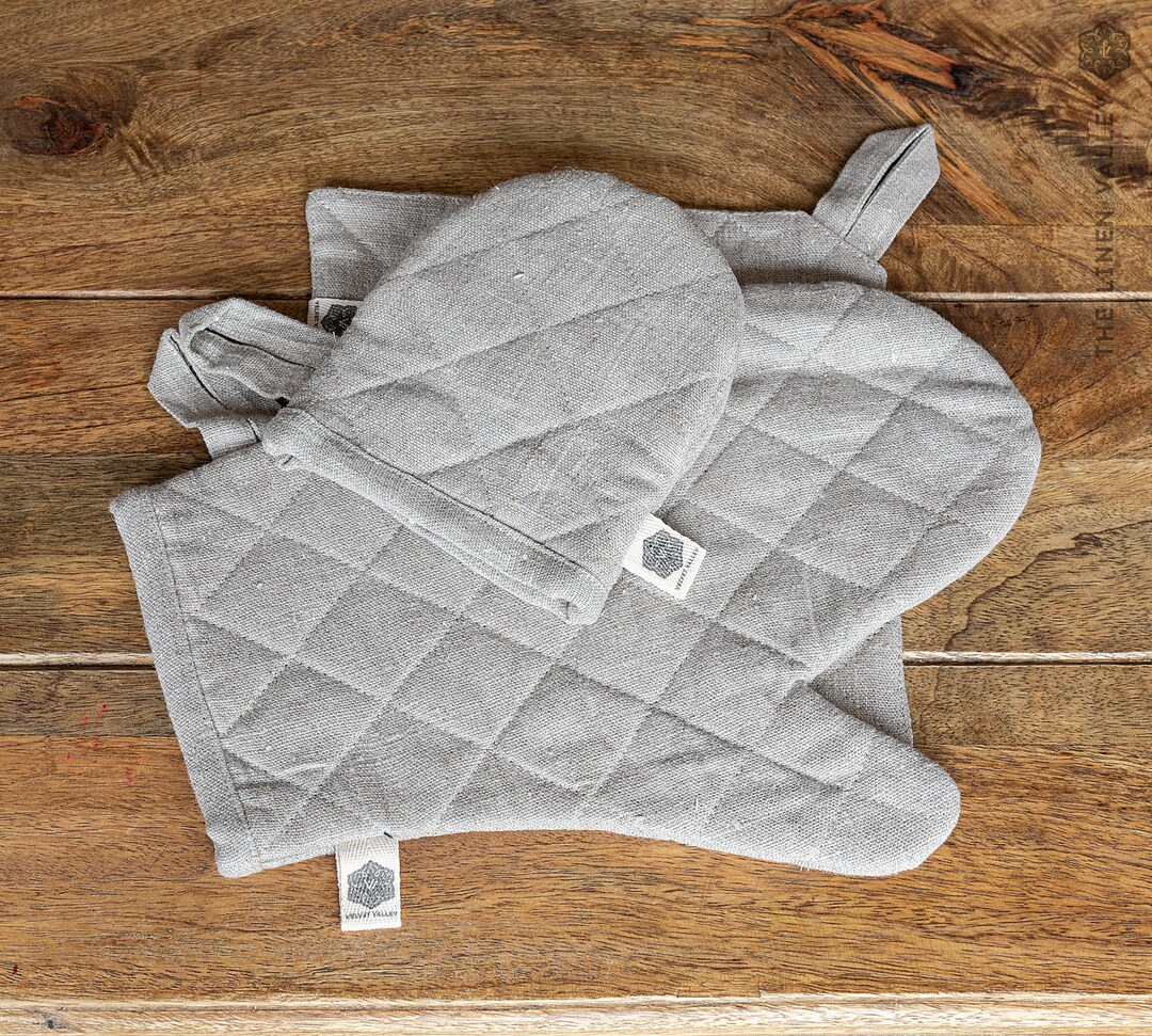 Linen OVEN MITTEN Set of 3. Linen Kitchen Gloves and Pot - Etsy Norway