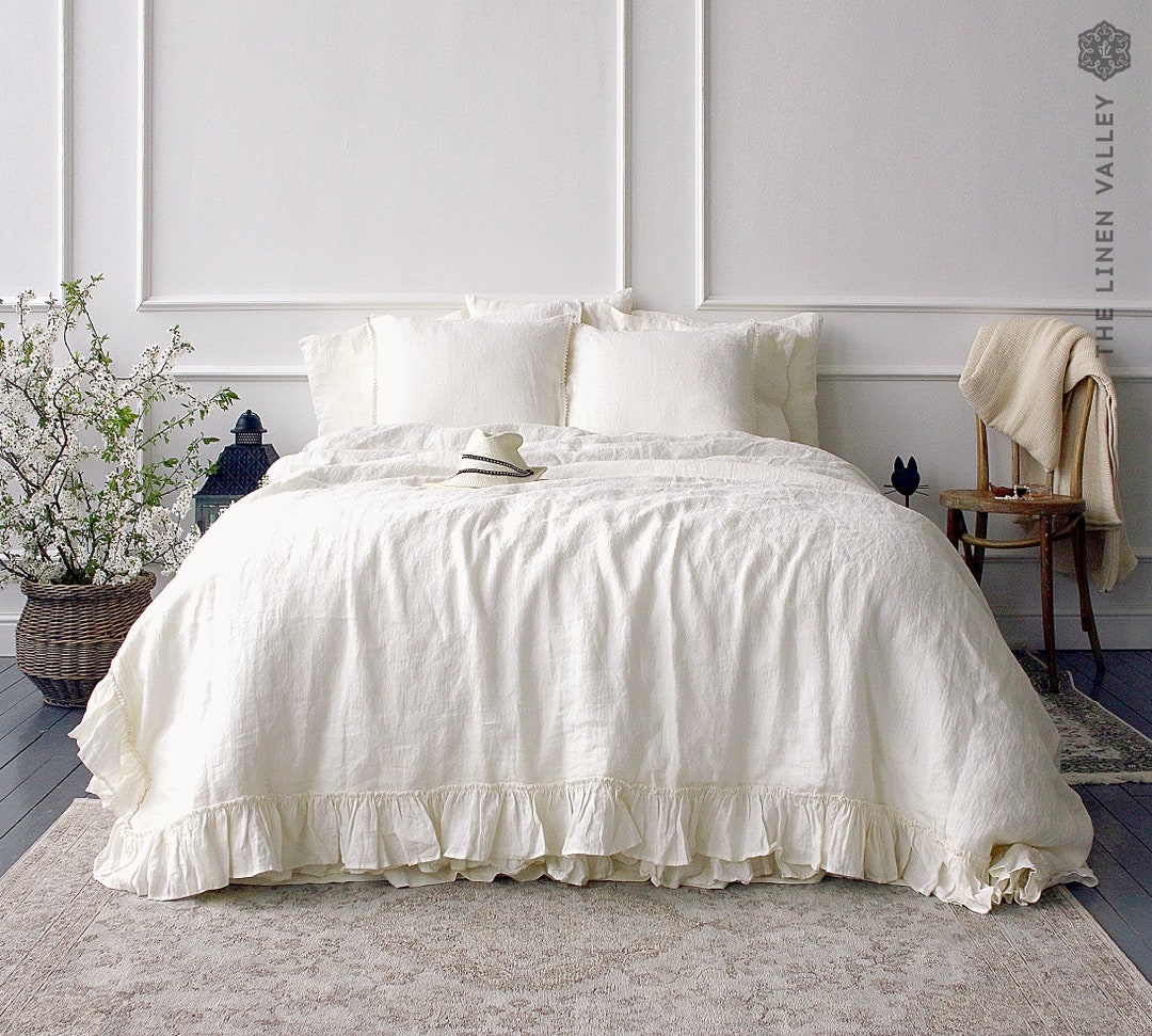 Off White Linen Comforter Cover - Ivory White Ruffled Bedding- White ...