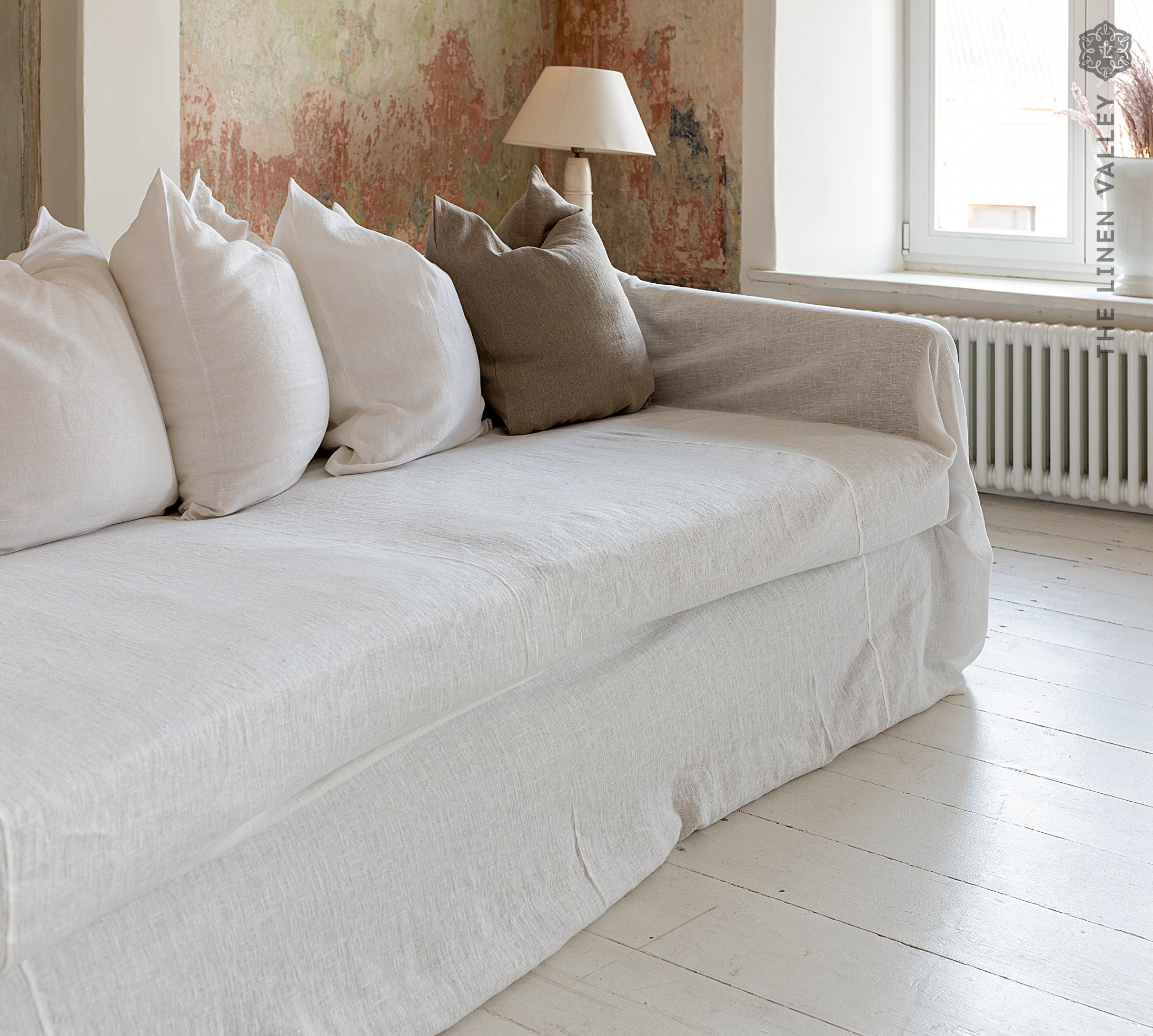 Antique White Linen Sofa Cover- Stonewashed Flax Couch Cover ...