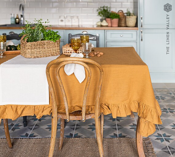 Cinnamon Linen Tablecloth Mustard Brown Table Decoration handmade Stone Washed Linen Tablecloth With Ruffles Etsy UK