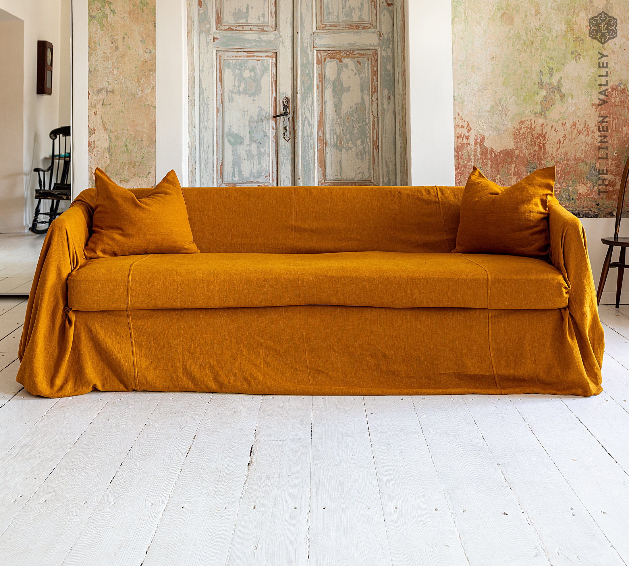 Yellow linen sofa store
