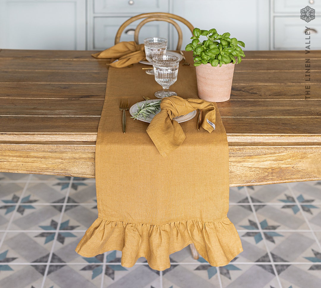 Cinnamon Linen Table Runner With Ruffle- Mustard Brown Linen Table ...