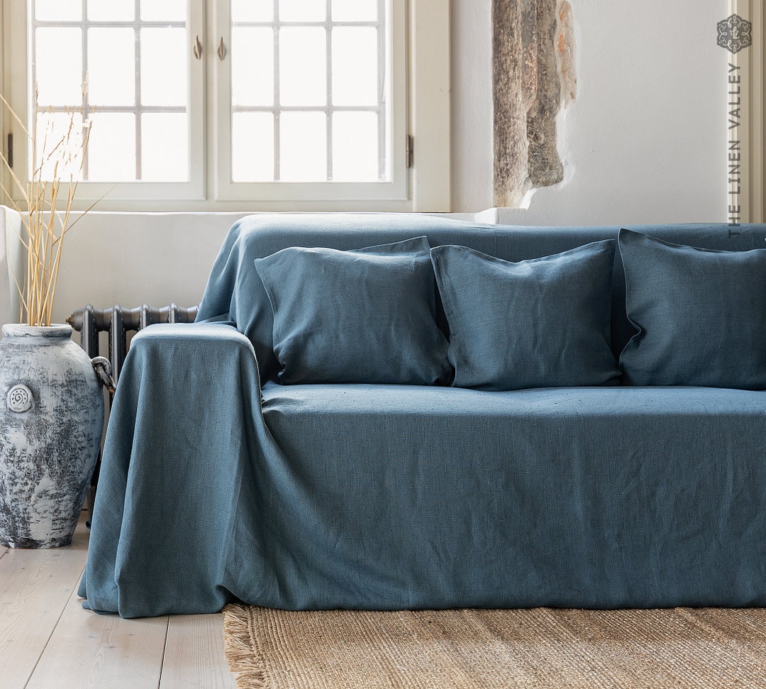 Ocean Blue Linen Slipcover - Linen Couch Cover- Sectional Cover - Linen ...