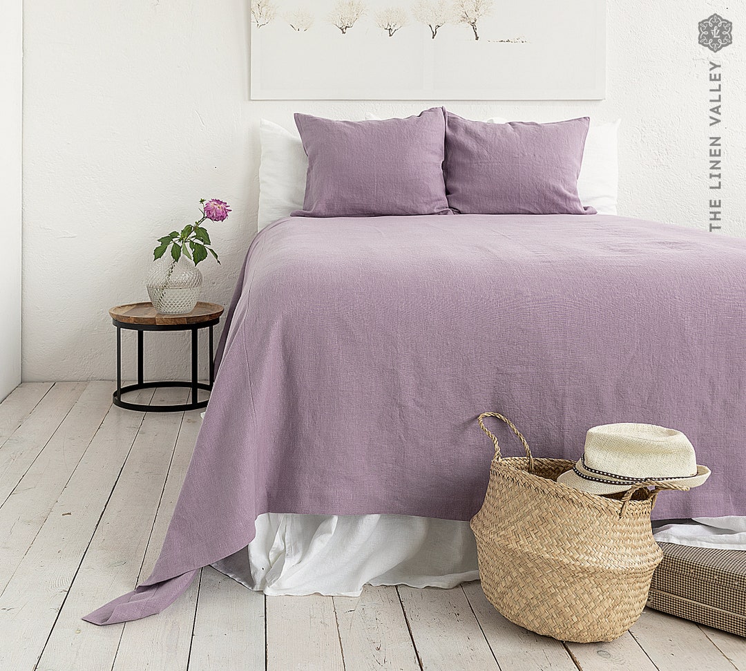 Light Lilac Linen Bedspread -lavender King/queen Size Bed Cover- Purple ...