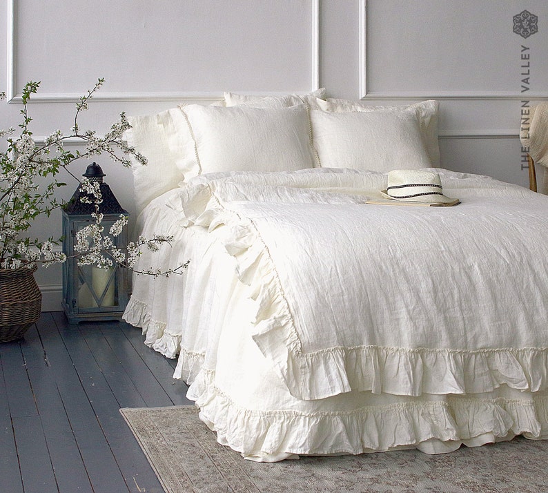 Off White Linen Comforter Cover - Ivory White Ruffled Bedding- White ...