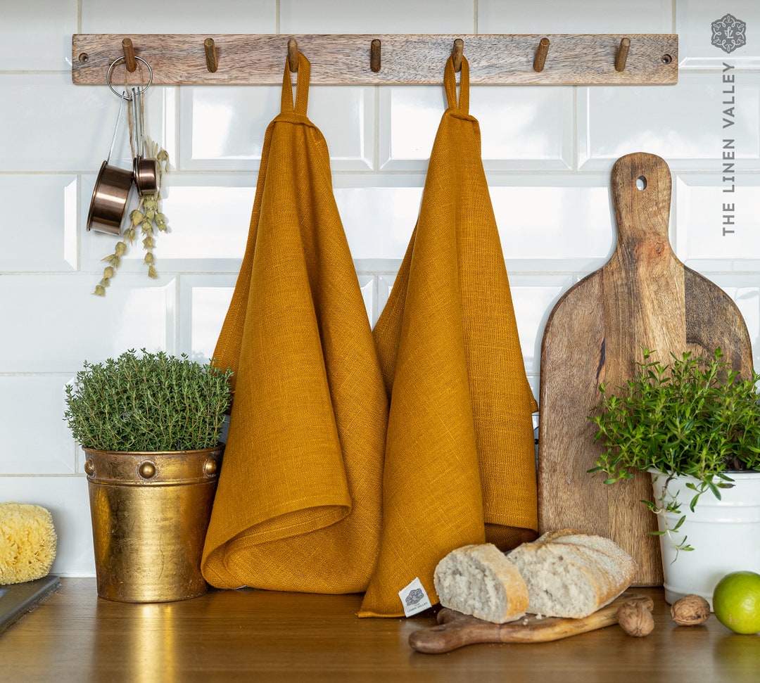Linen Tea Towels (2 Pcs). Amber Yellow Linen Towel Set. Ochre Dish ...